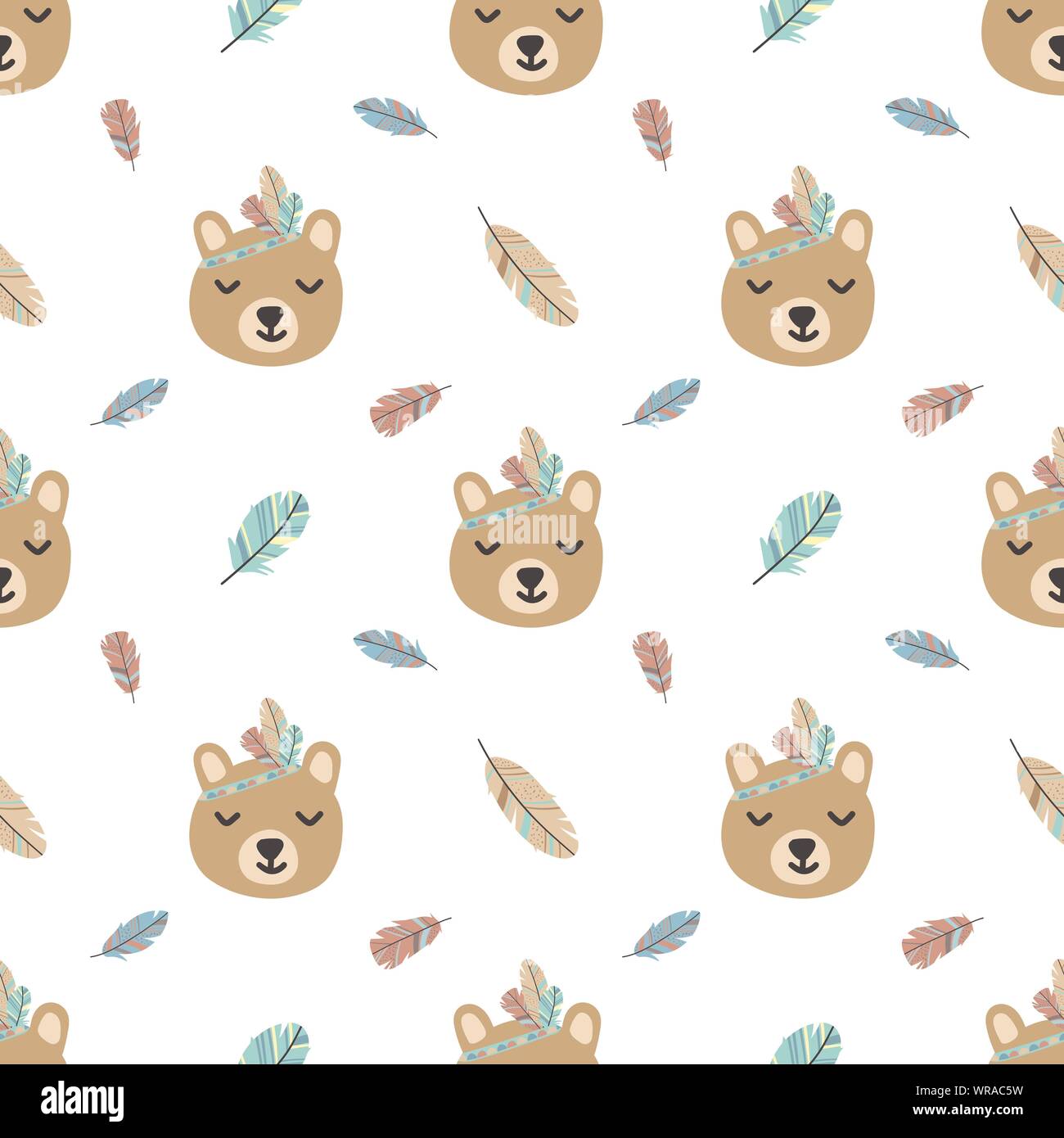 Seamless pattern of cartoon cute bear and feathers in Boho style. Hand ...
