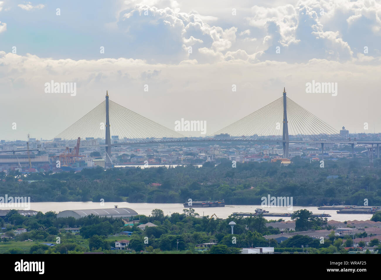 View Rama IX bridge and many buildings. Rama IX bridge is single plane ...