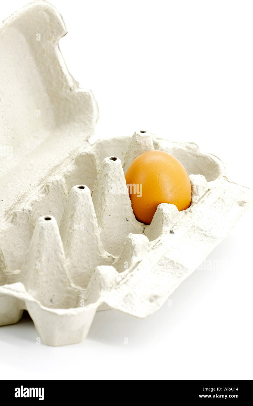 Egg in cardboard box made from recycled paper on a white background ...