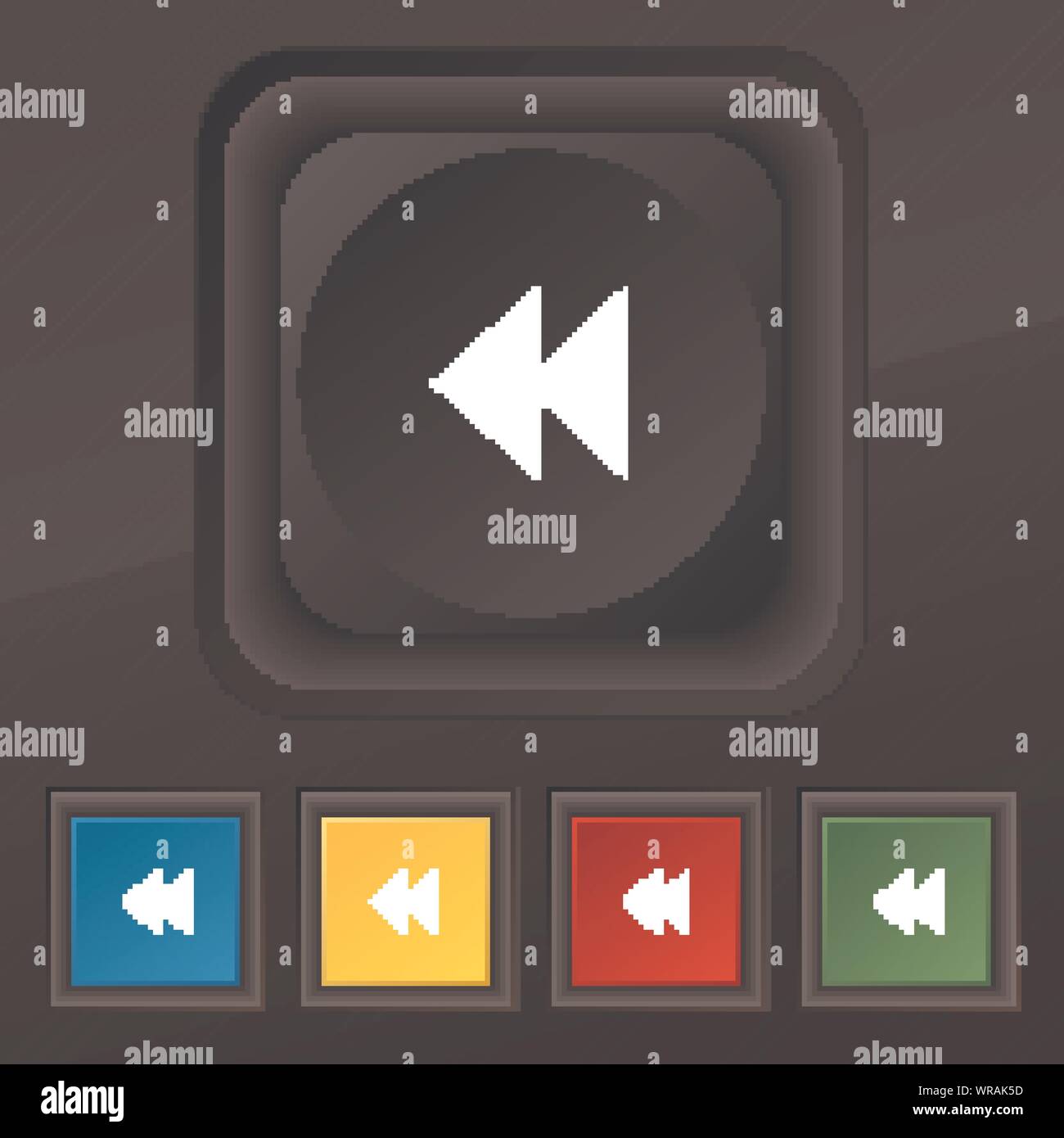 rewind icon symbol. Set of five colorful, stylish buttons on black ...