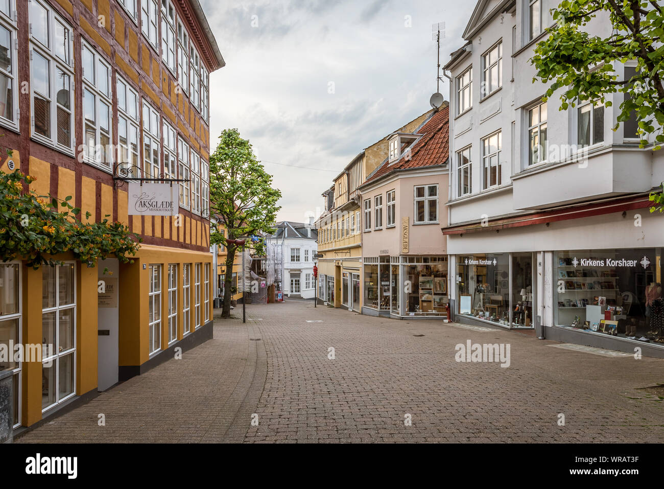 A depopulated pedestrian street with old houses in the evening at the ...