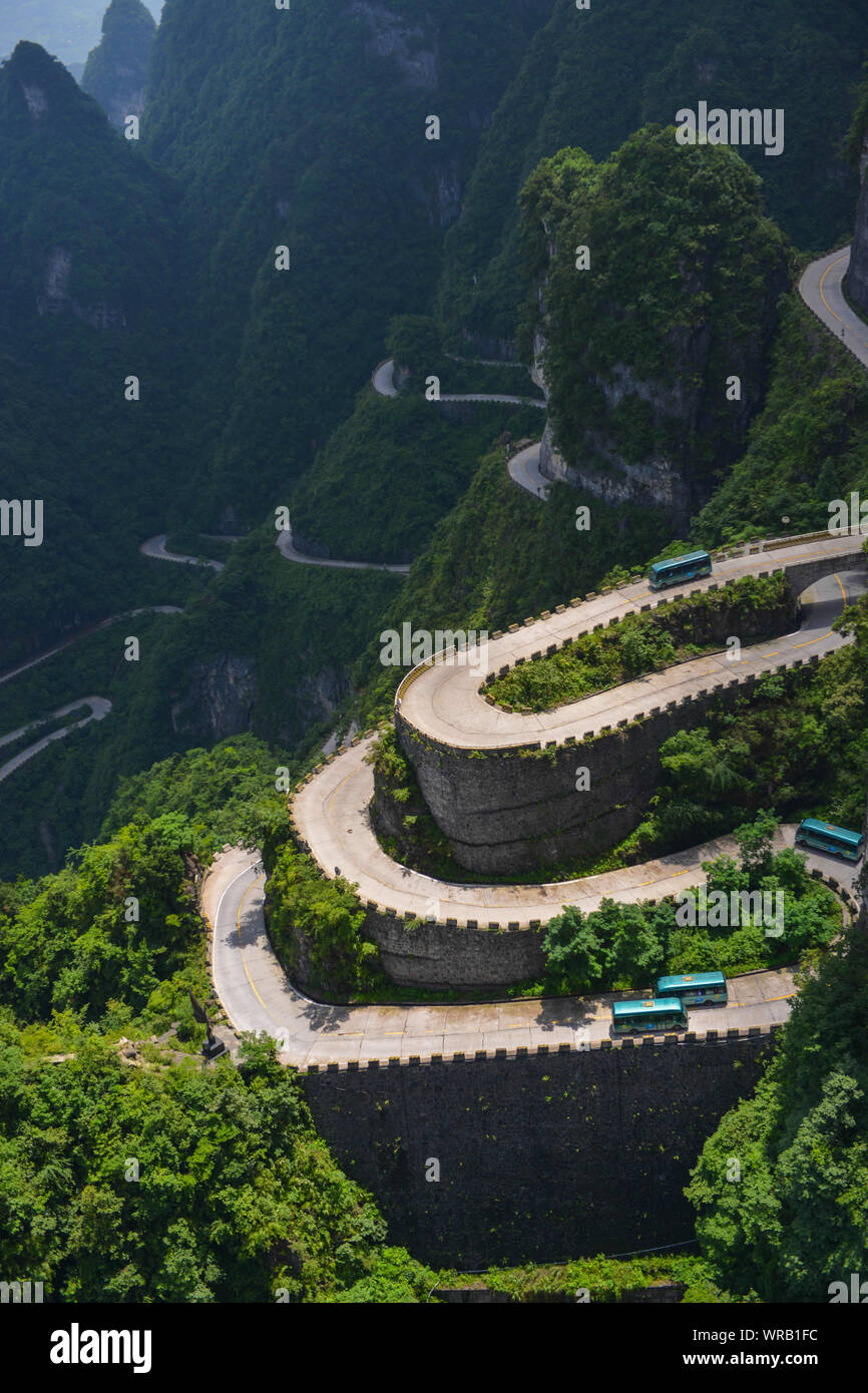 An aerial view of the winding mountain road "Tongtian Avenue" at ...