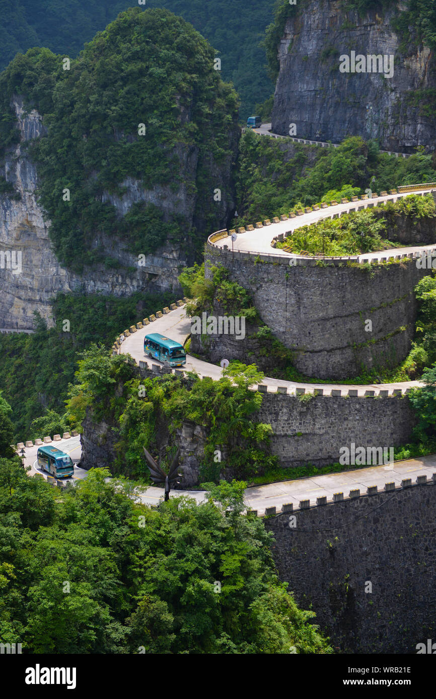 An aerial view of the winding mountain road "Tongtian Avenue" at ...