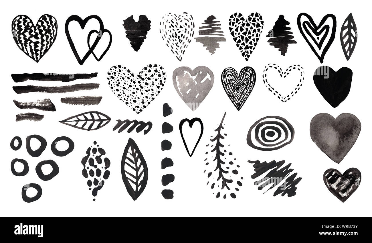 Illustration set hand painted hearts in graphic style. Objects for ...