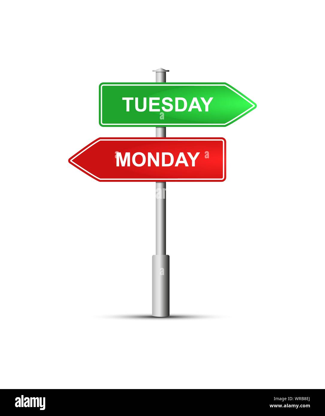 Green and red road sign with the name of the days of the week Tuesday ...