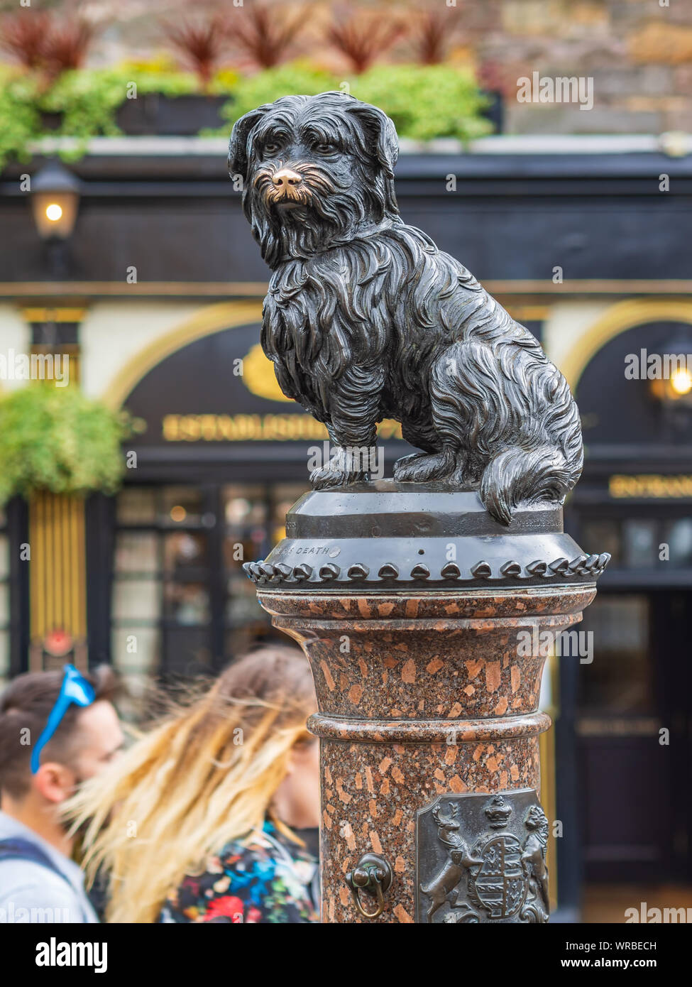 Statue of the famous loyal Skye Terrier dog Greyfriars Bobby and pub of ...