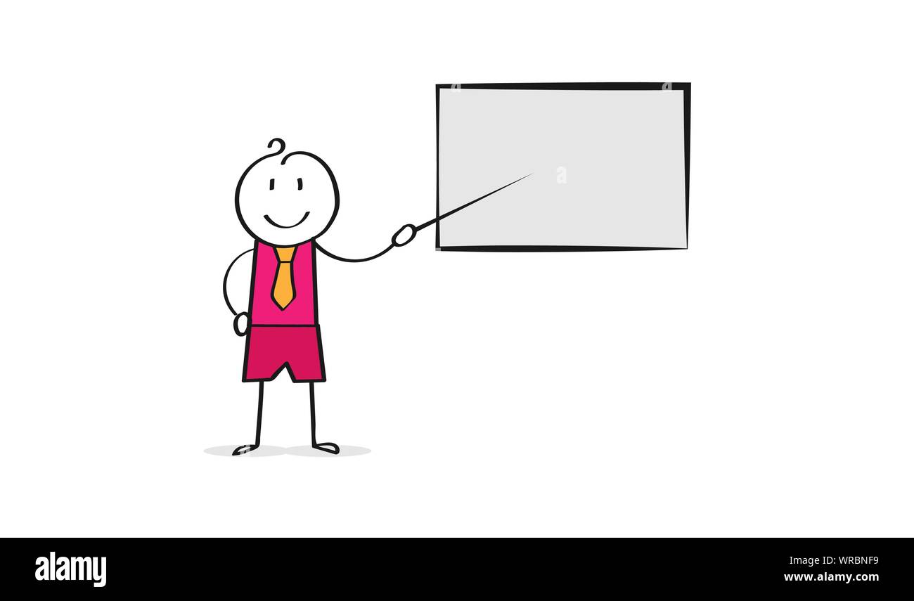 Cartoon man shows a pointer to a poster, a place for a picture ...