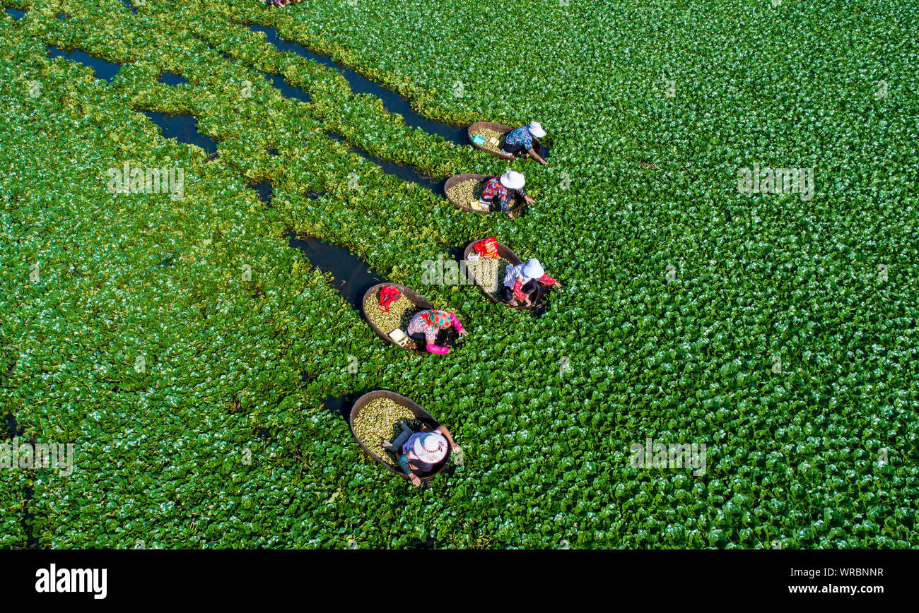 This aerial view shows Chinese villagers sitting in wooden basins ...