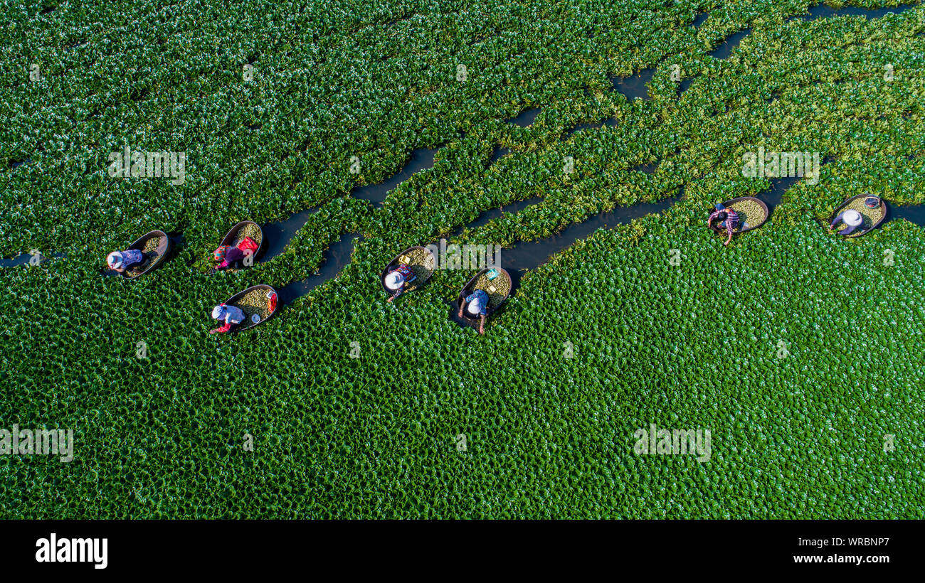 This aerial view shows Chinese villagers sitting in wooden basins ...