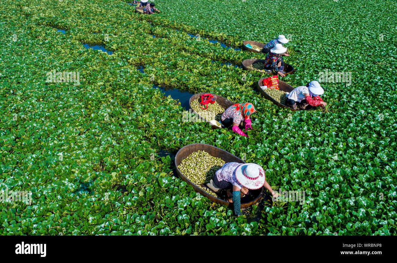 This aerial view shows Chinese villagers sitting in wooden basins ...
