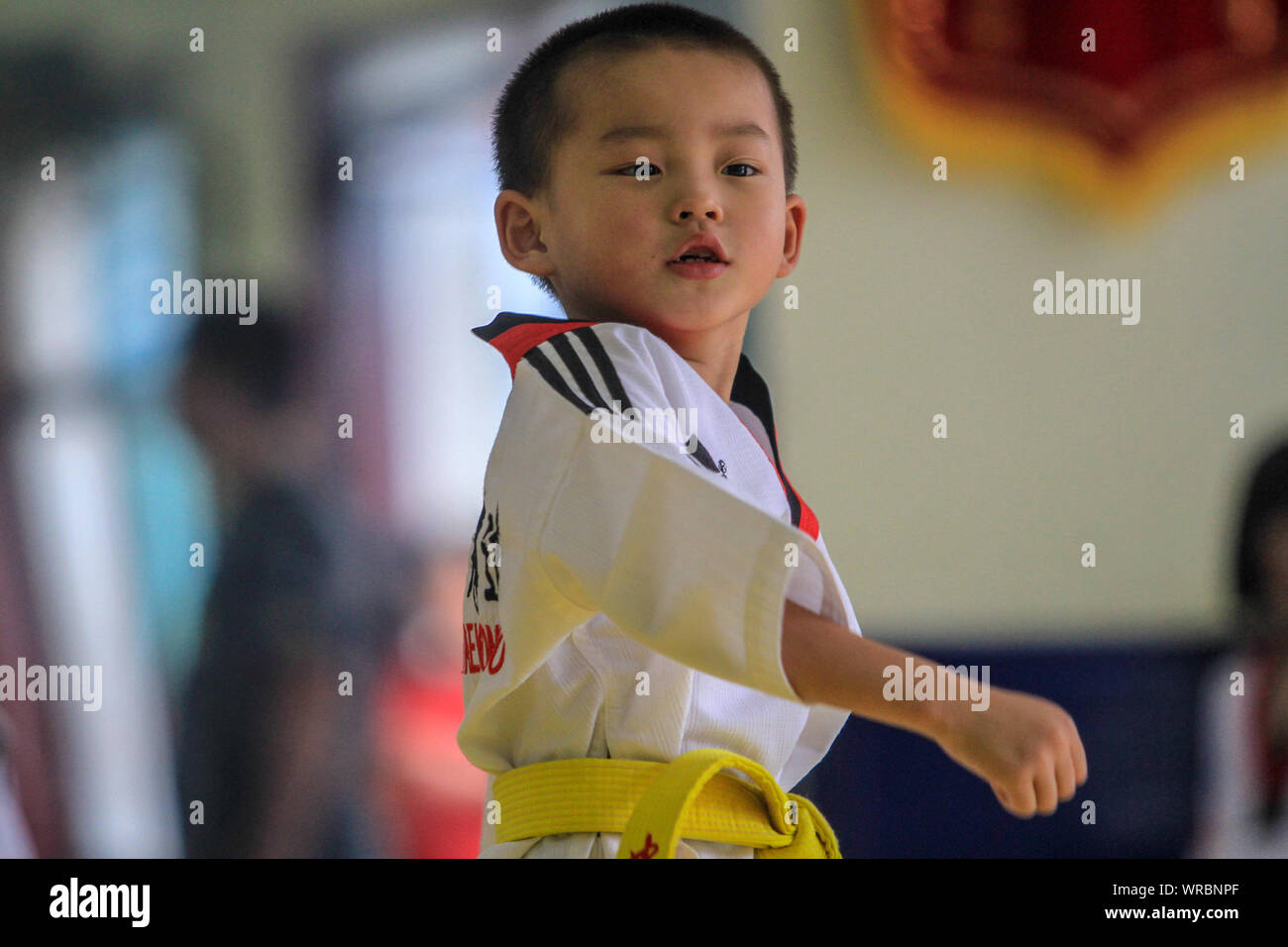 A young Chinese boy practises taekwondo during a training session at a ...