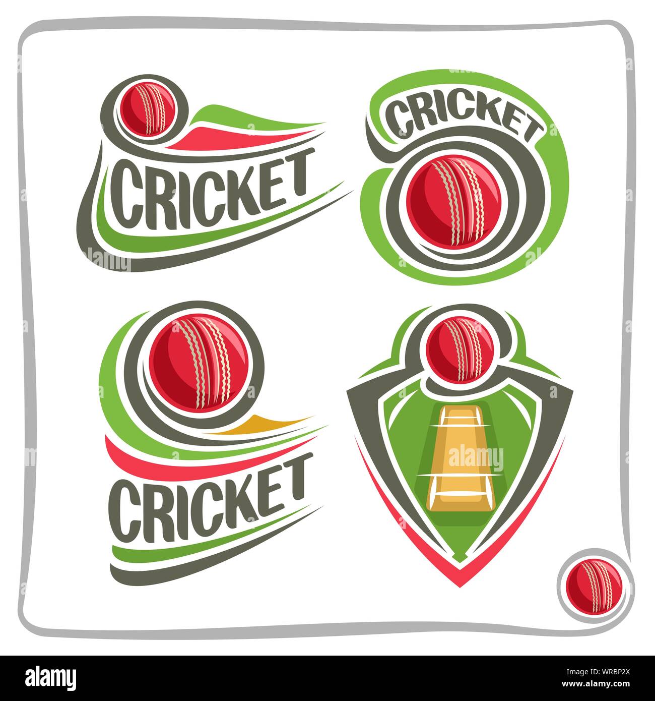 Vector set of icons for Cricket game: red ball flying on curve on pitch ...