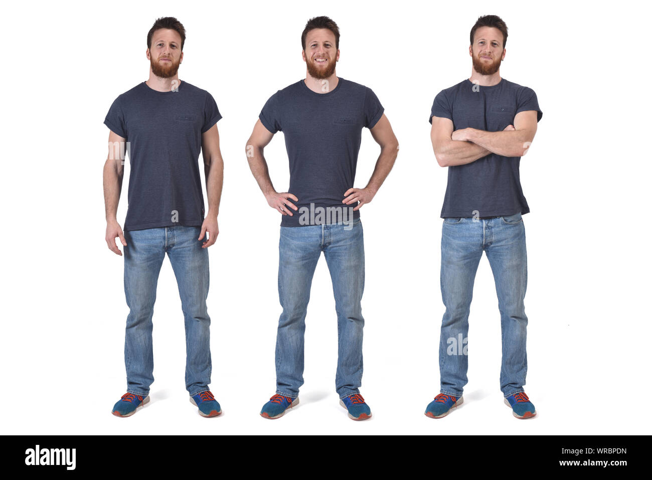 set of photos of a man in various poses in white background Stock Photo ...