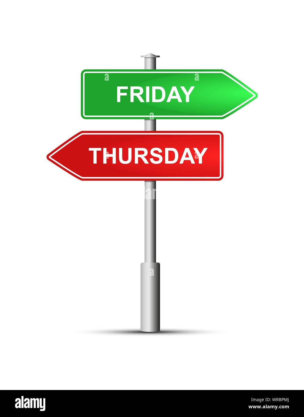 Green and red road sign with the name of the days of the week Thursday ...