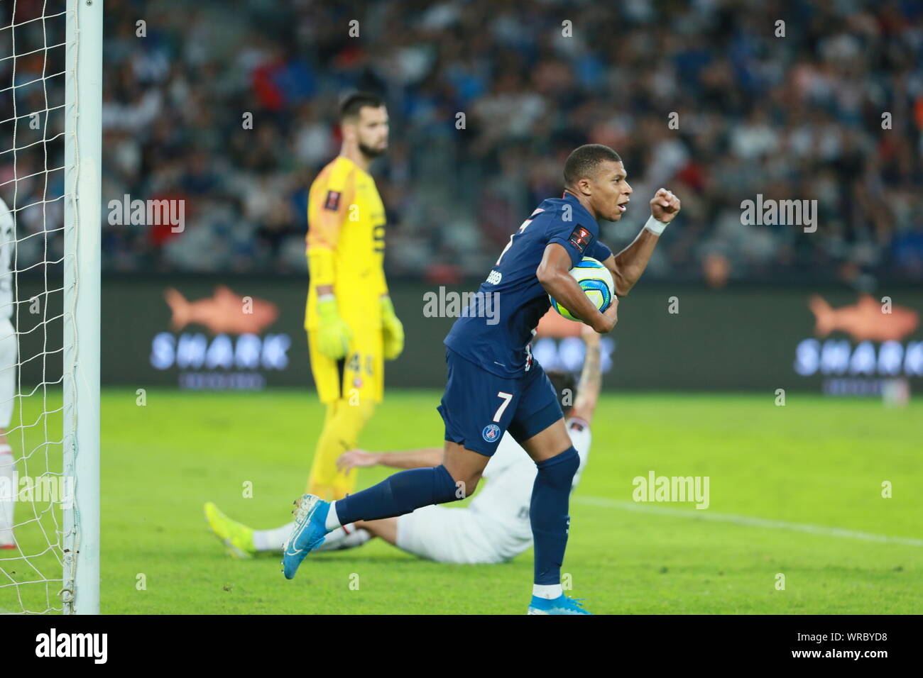 Kylian Mbappe, front, of Paris Saint-Germain celebrates after scoring ...