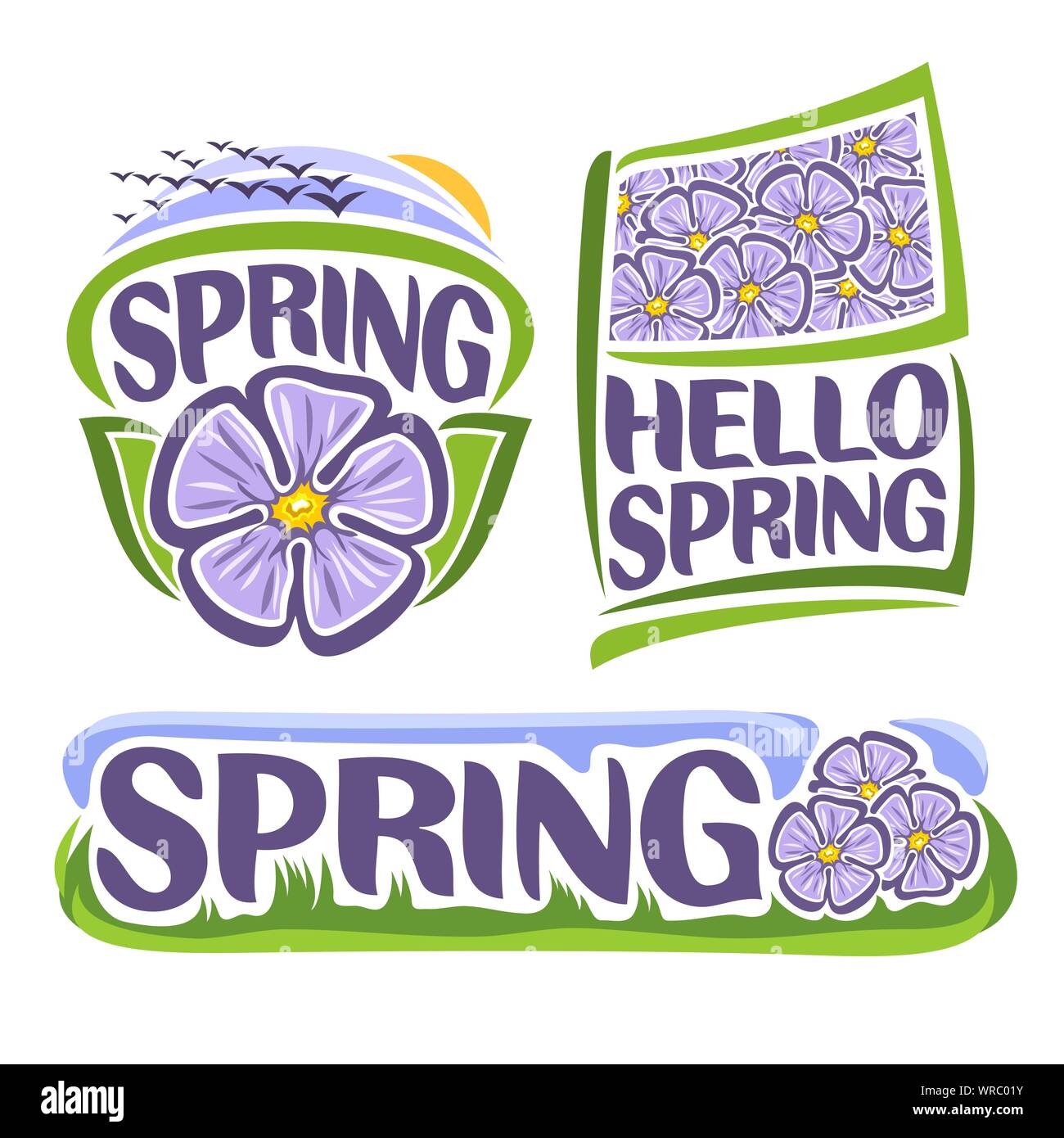 Vector logo for Spring Flowers: icon of lilac hibiscus, flock of birds ...