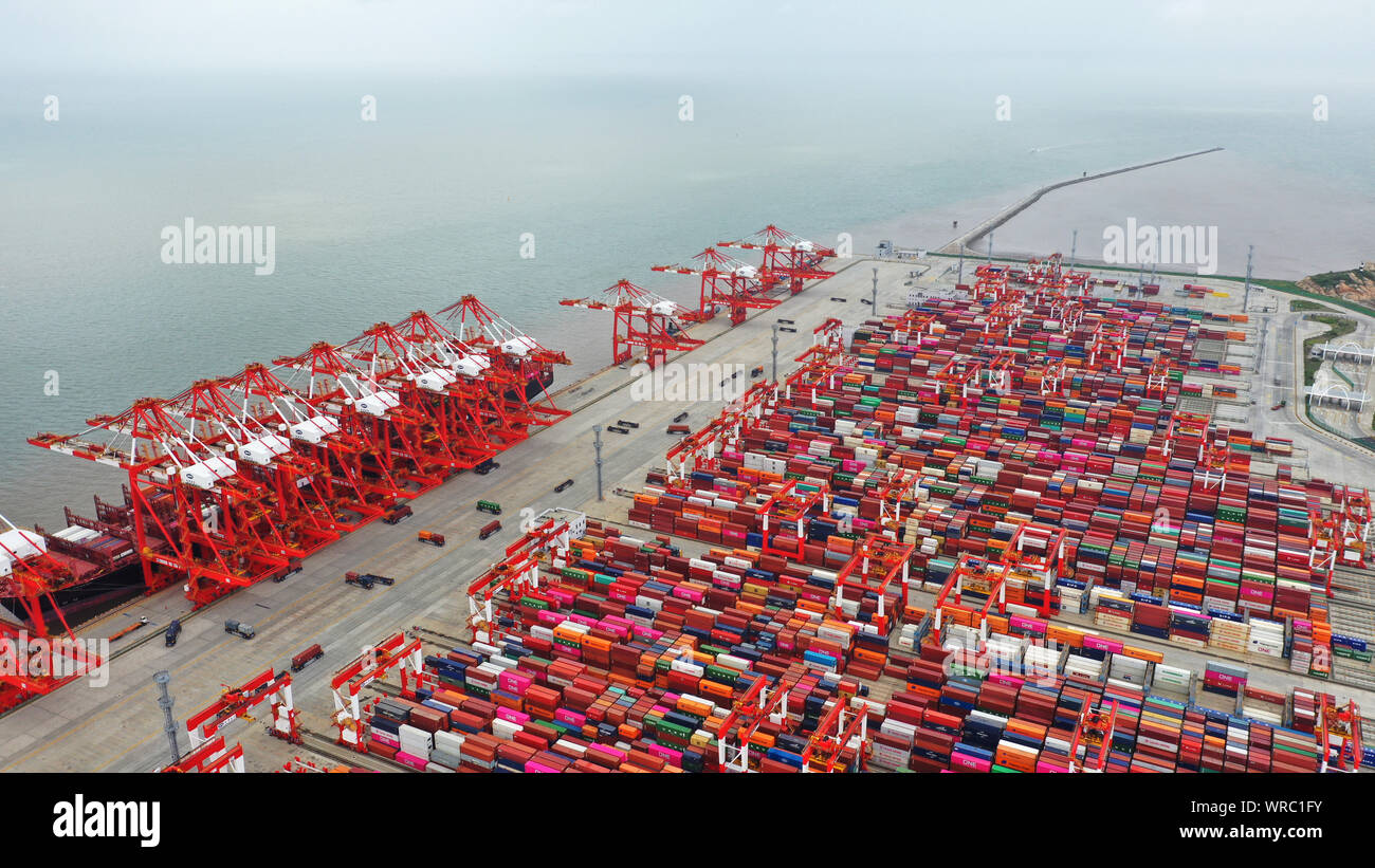 A view of stacks of containers in a container terminal at the Yangshan ...