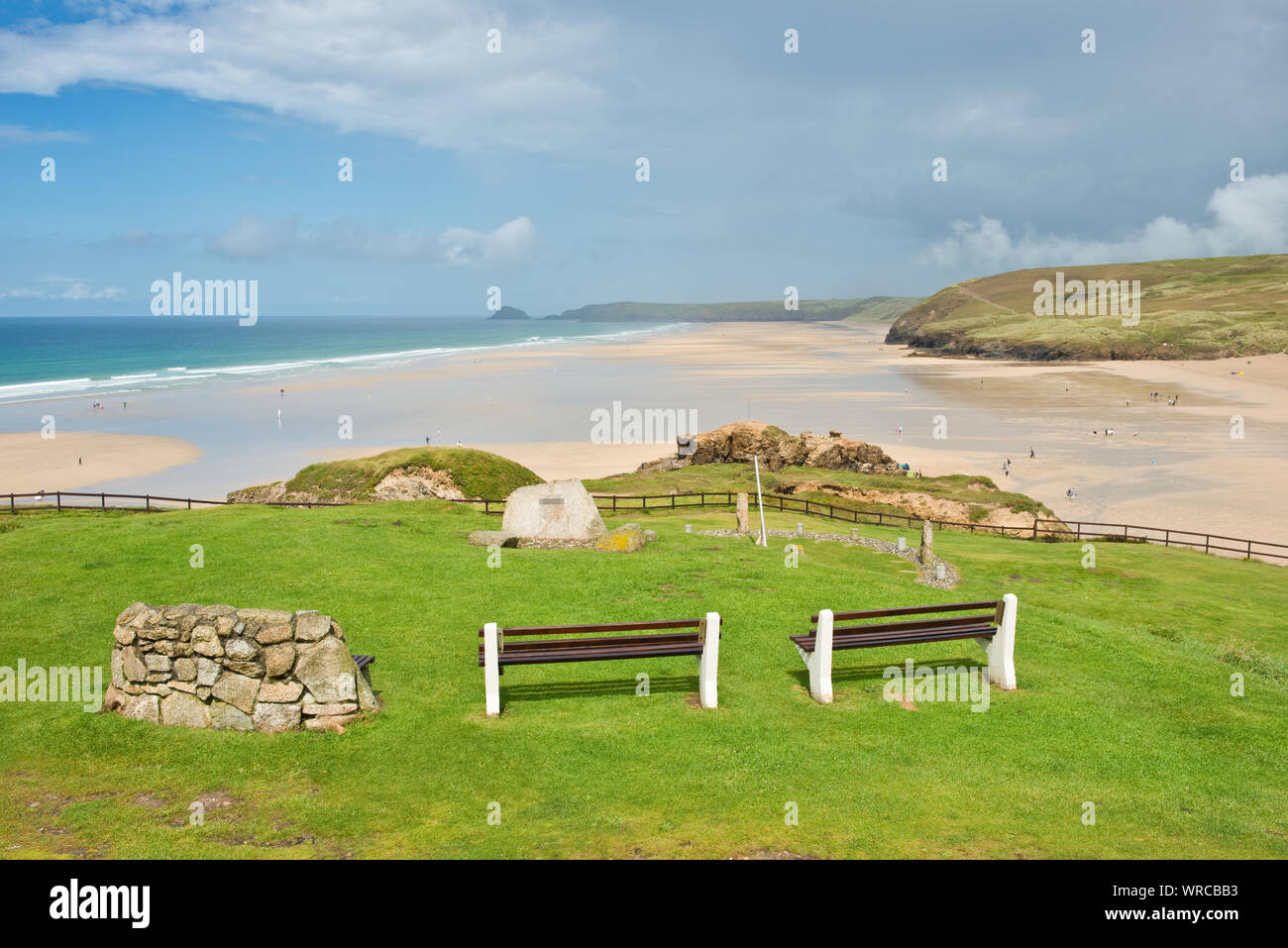 Seats overlooking Perranporth Beach and Perran (Ligger) Bay. North ...