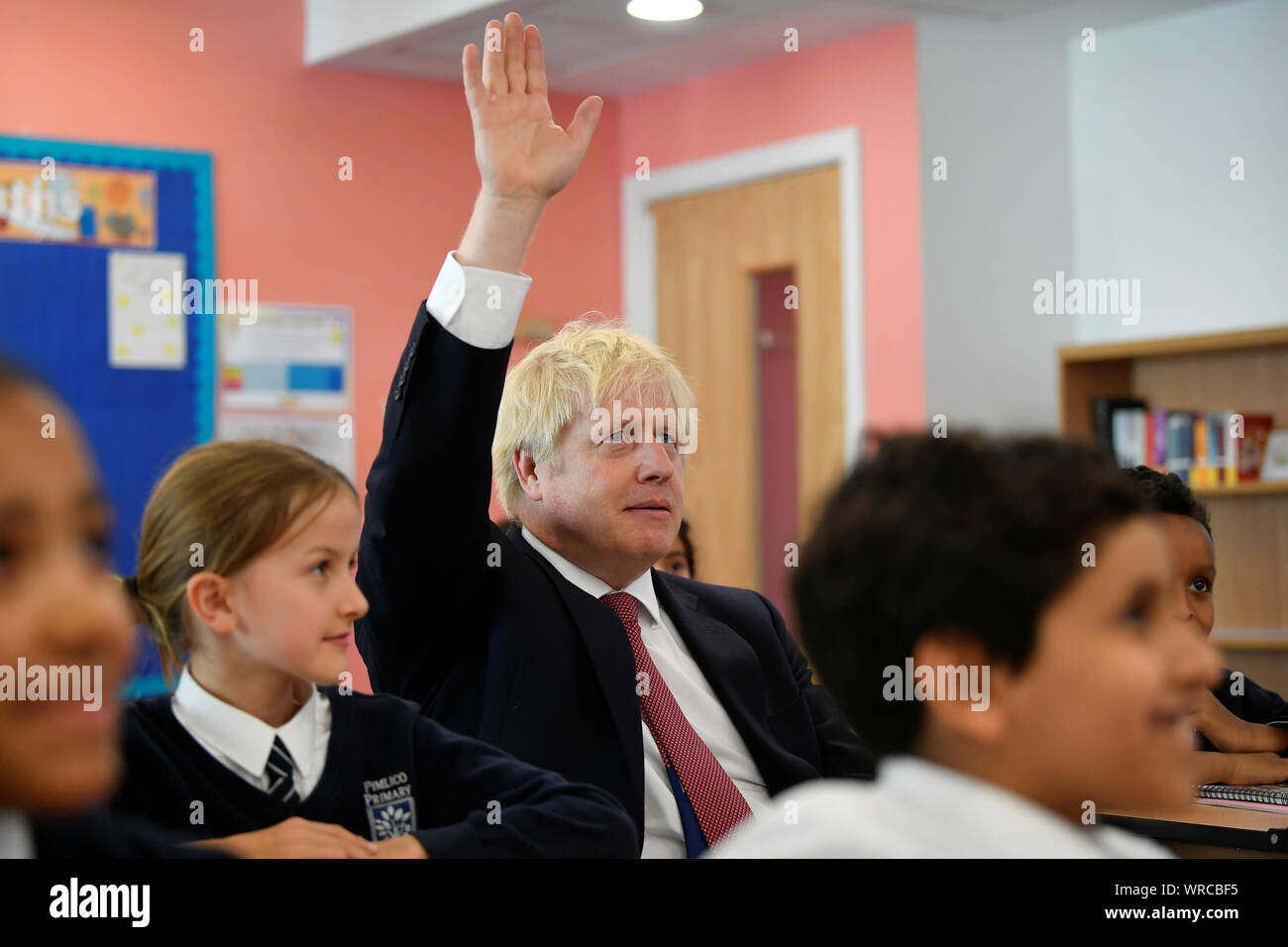 Prime Minister Boris Johnson attends a year four history class during a ...