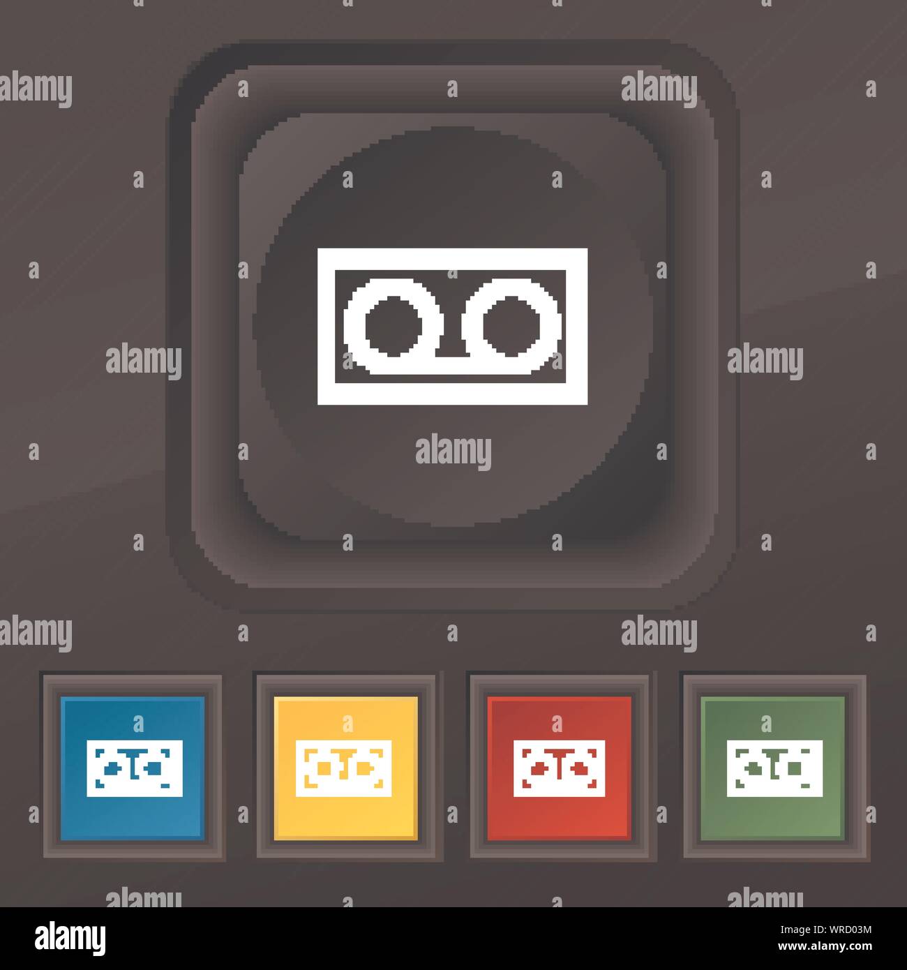 audio cassette icon symbol. Set of five colorful, stylish buttons on ...