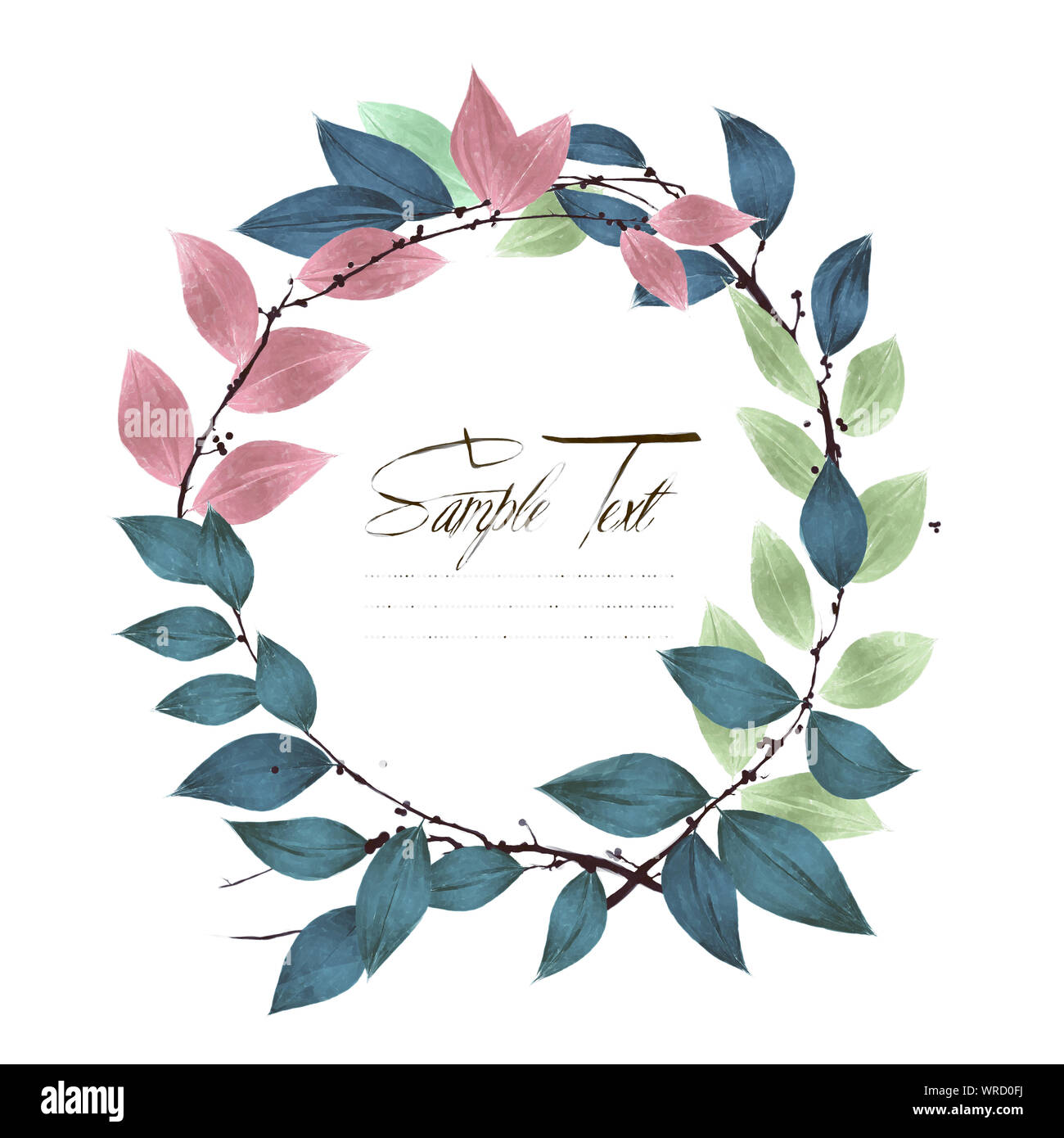 Watercolor round wreath of colored leaf twigs with copy space over ...