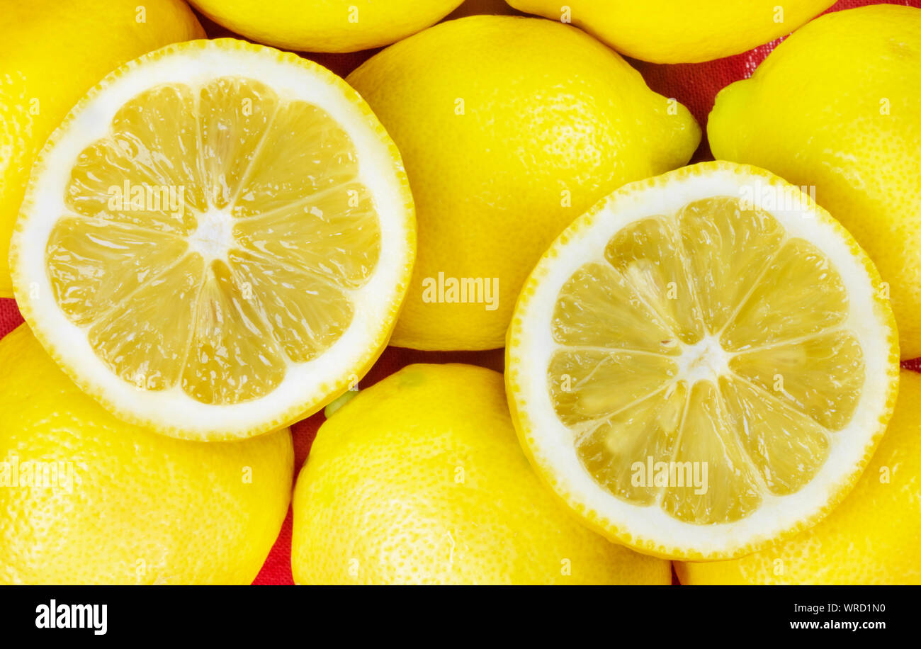 Two lemons half cut on lemon fruits and red background , studio shot ...