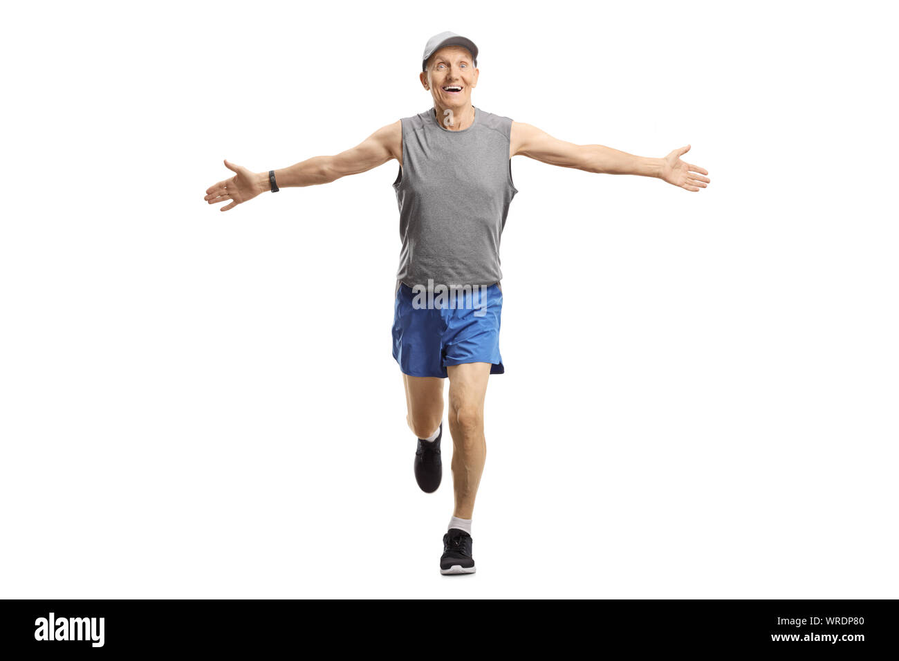 Full length portrait of an elderly man running and spreading arms ...