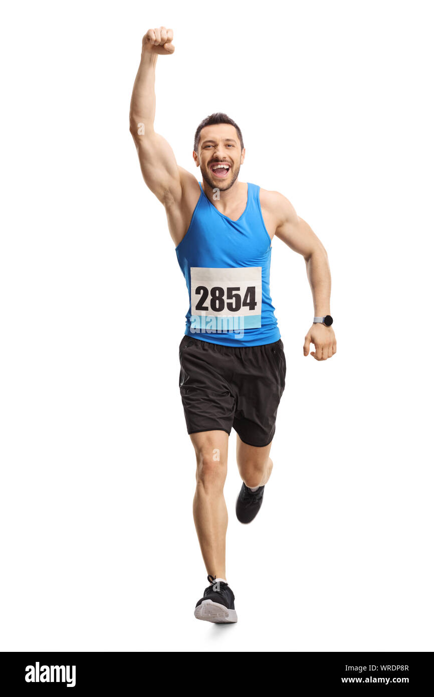 Full length portrait of a man running a marathon and gesturing with ...