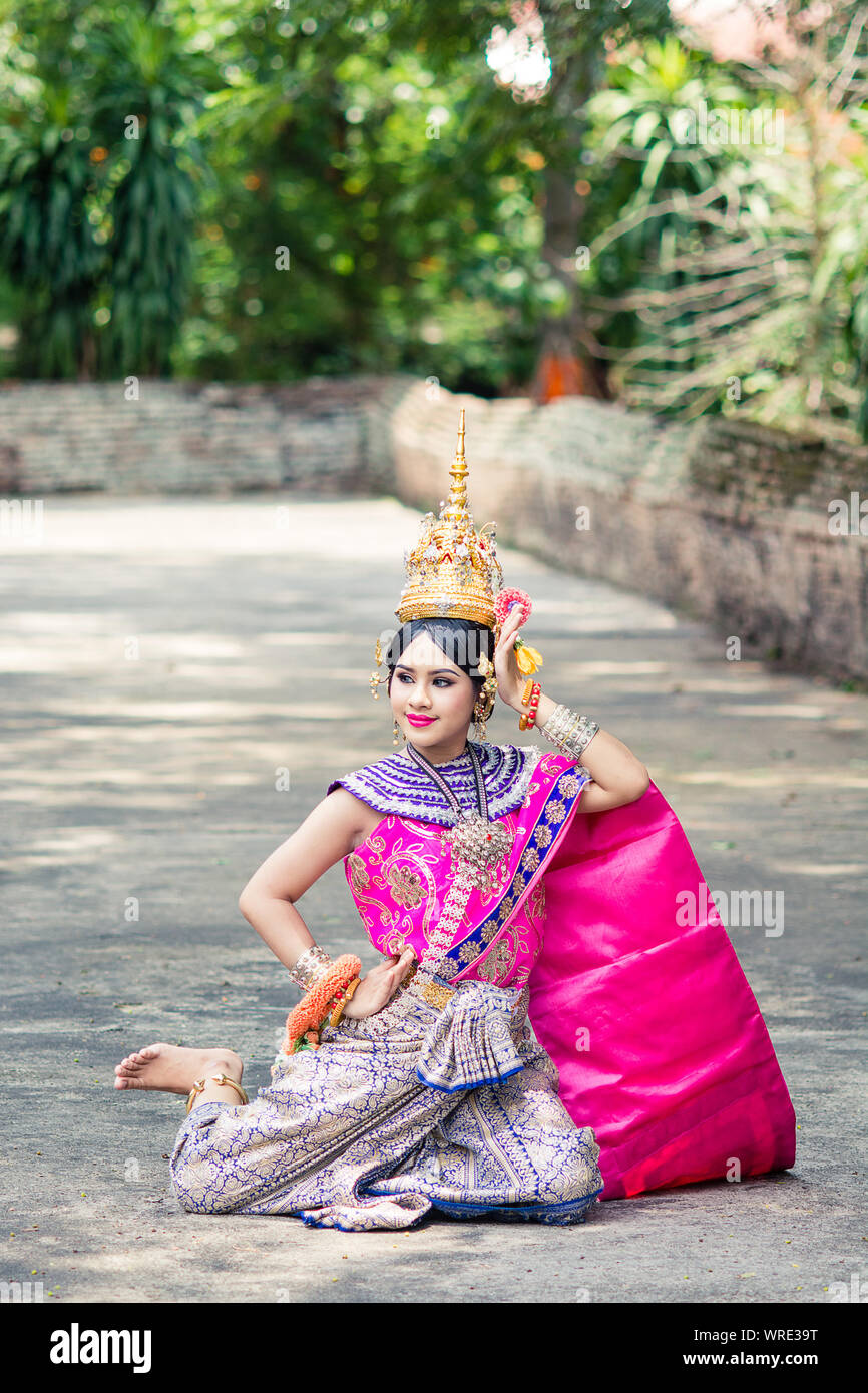 Asian woman wearing typical, traditional Thai Dress. It is literally ...