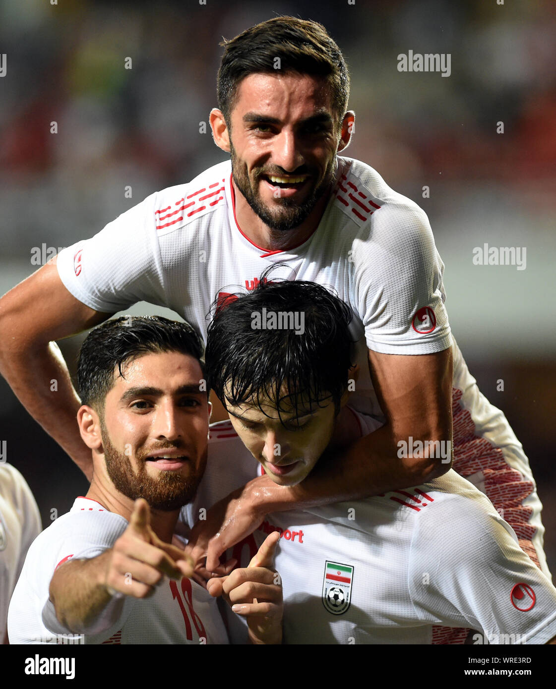 Hong Kong. 10th Sep, 2019. Players of Iran celebrate scoring during the ...