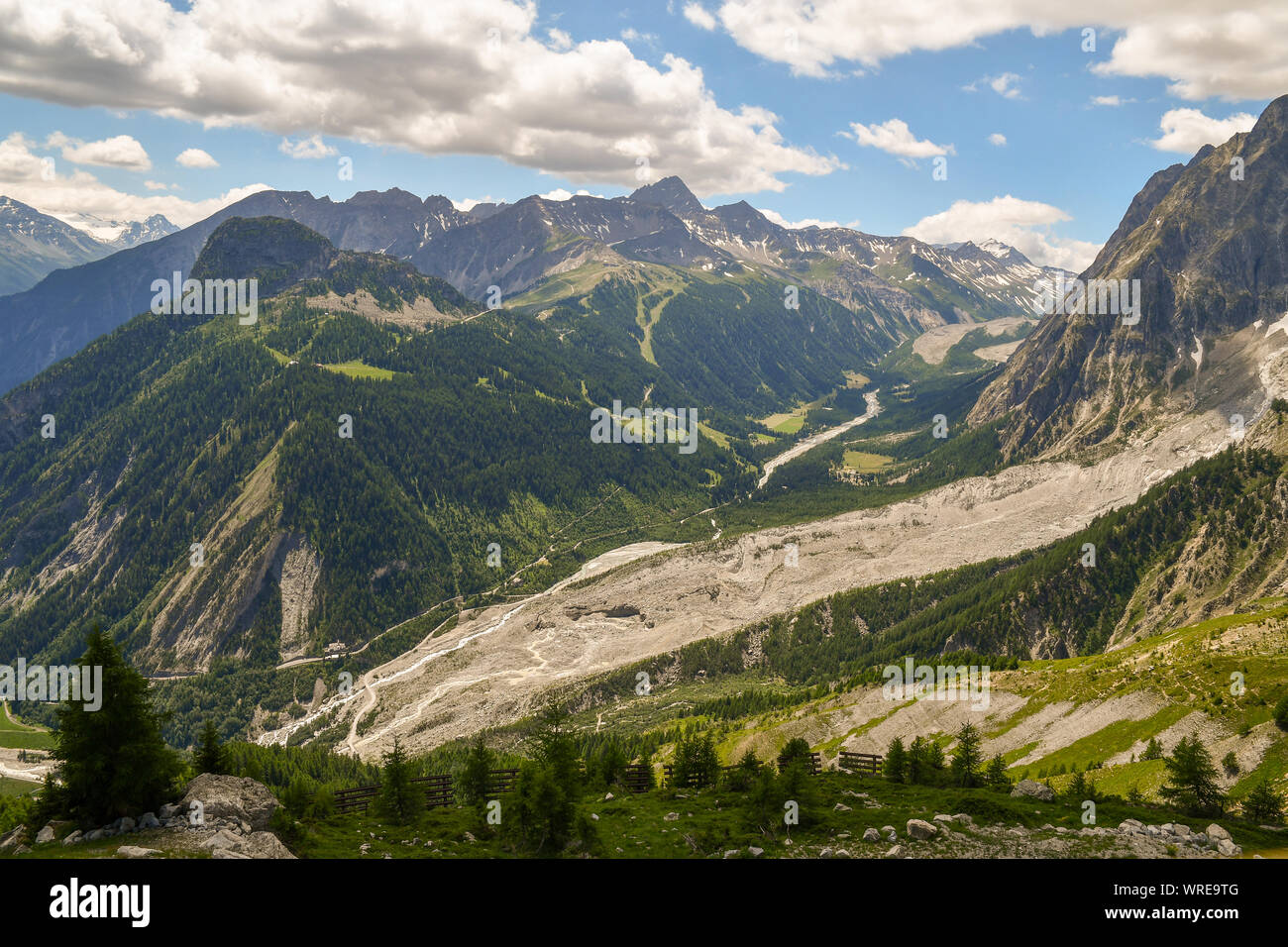 Elevated view of the Italian Alps with the Val Veny valley on the foot ...