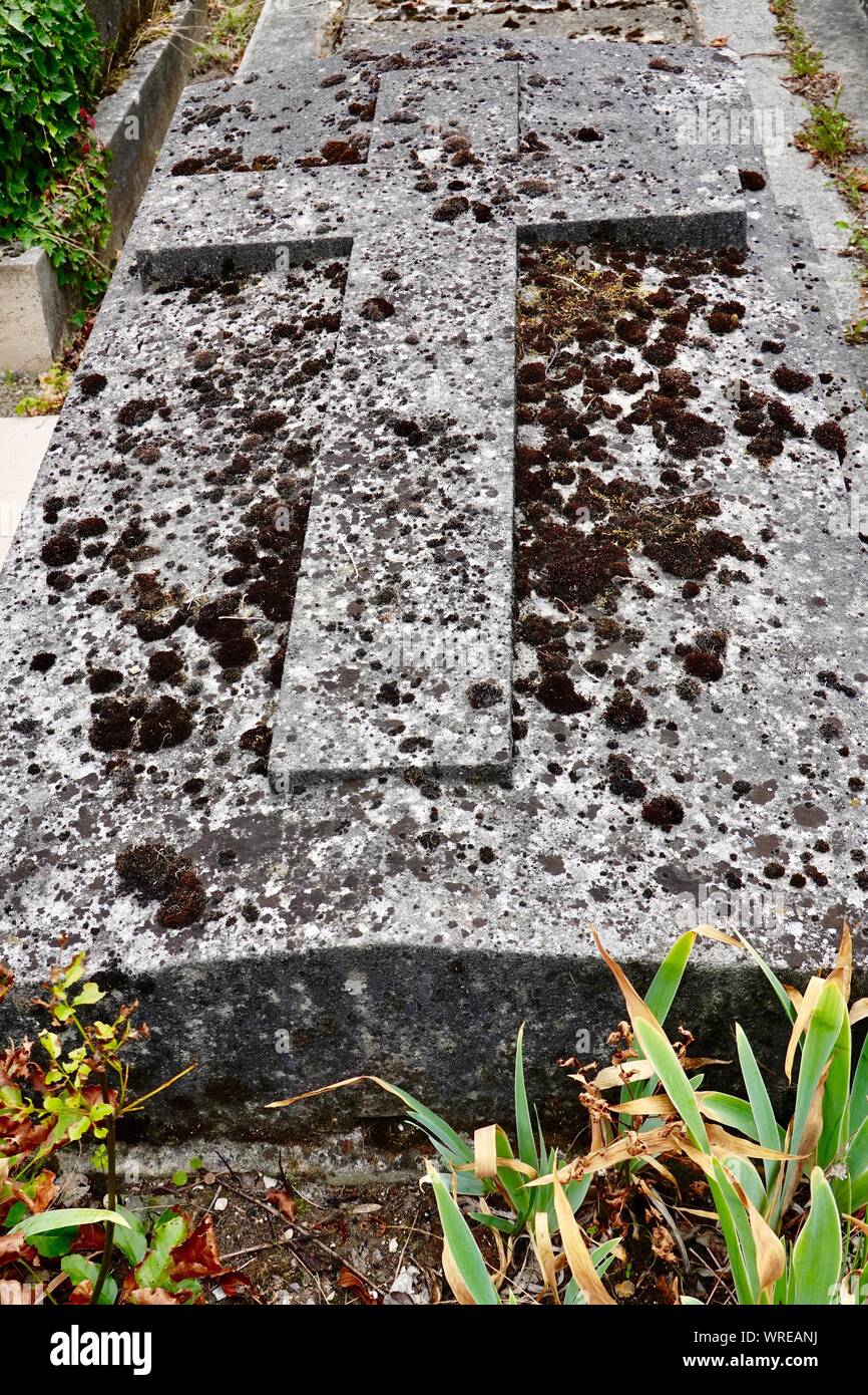 Moss-covered granite tomb with raised shape of cross, Cemetery Père ...