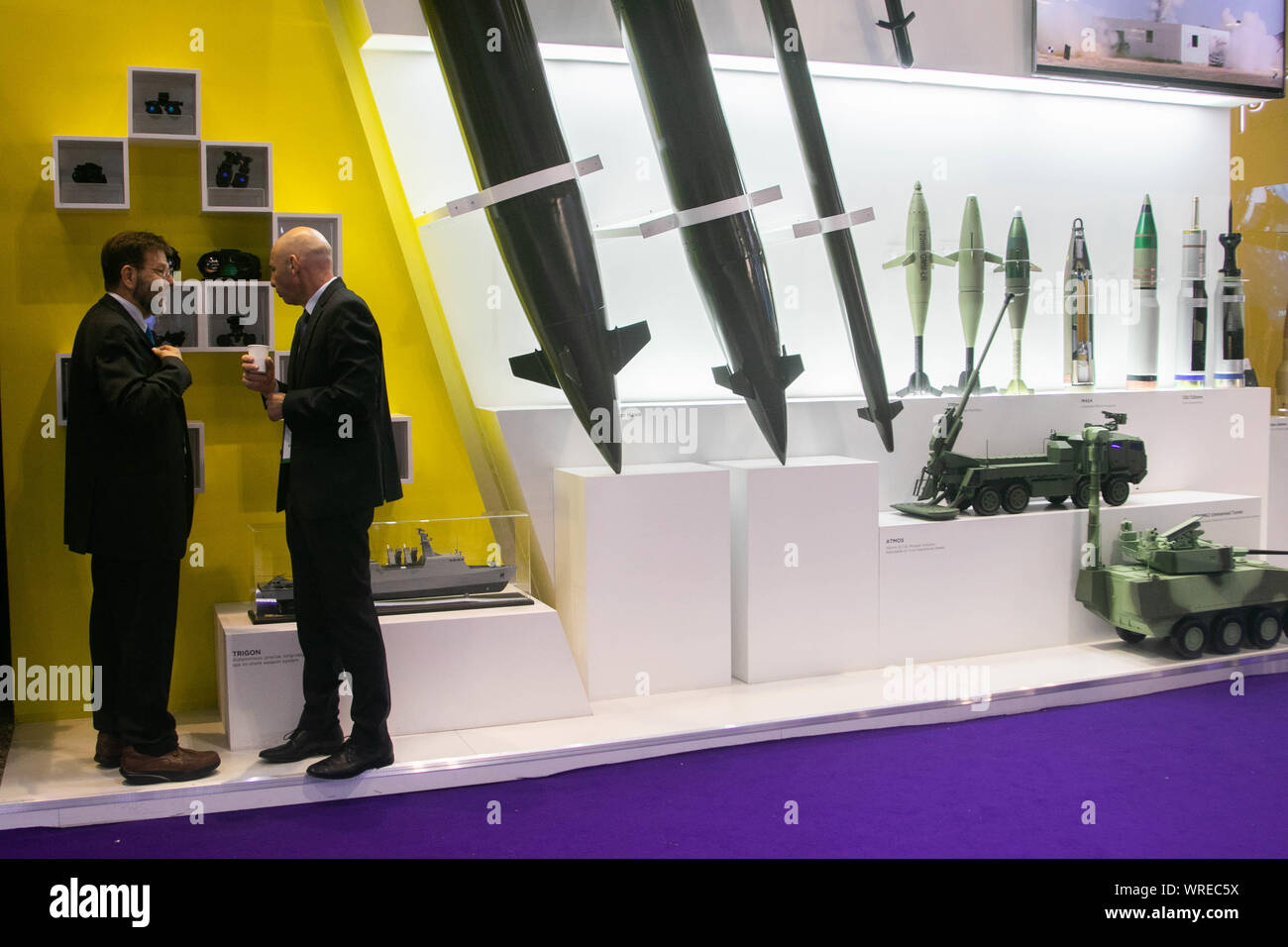 London, UK. 10th September 2019. An Exhibitor stand of tactical rockets ...
