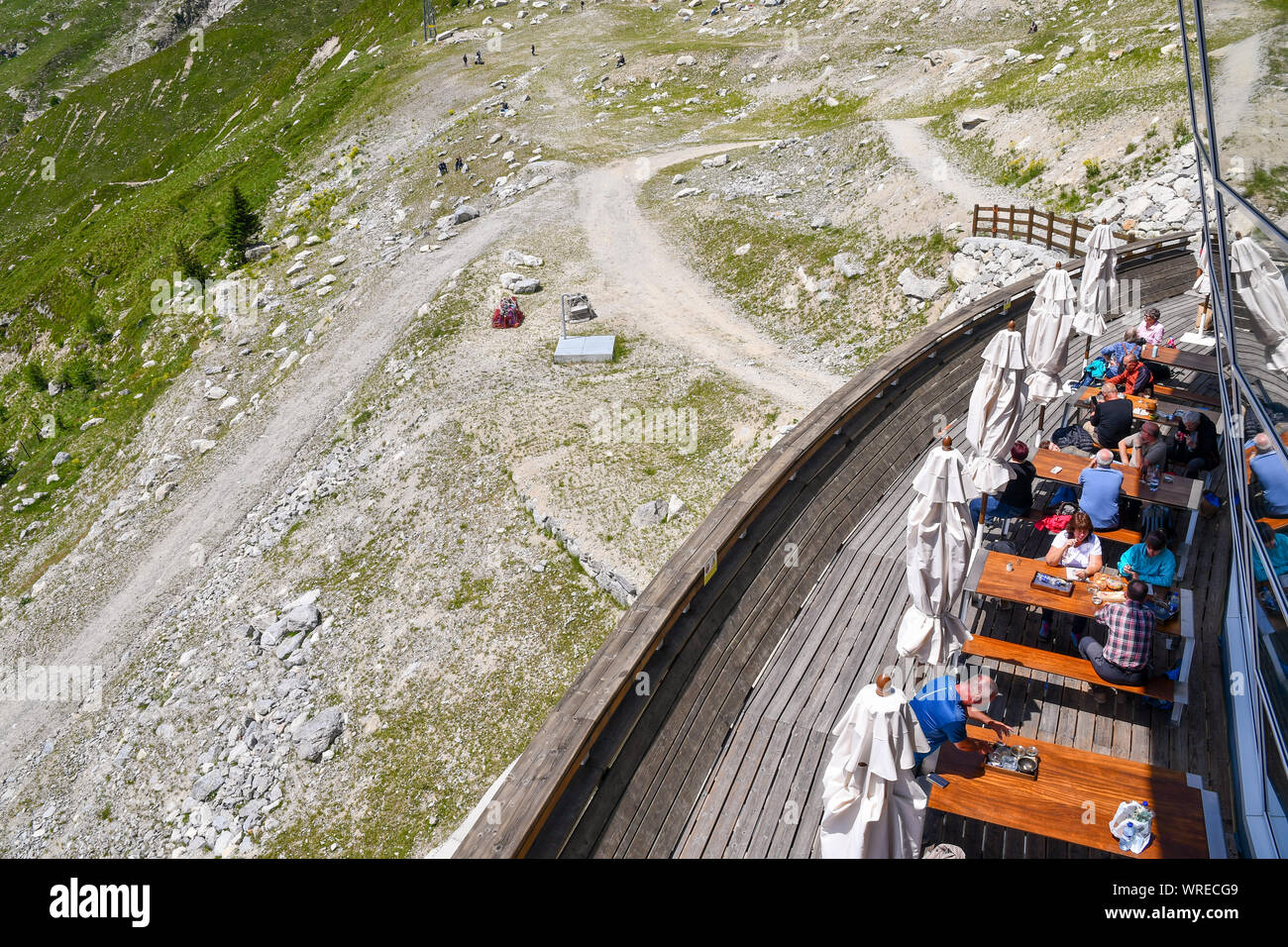 High angle view of the terraced restaurant of the Pavillon cableway ...