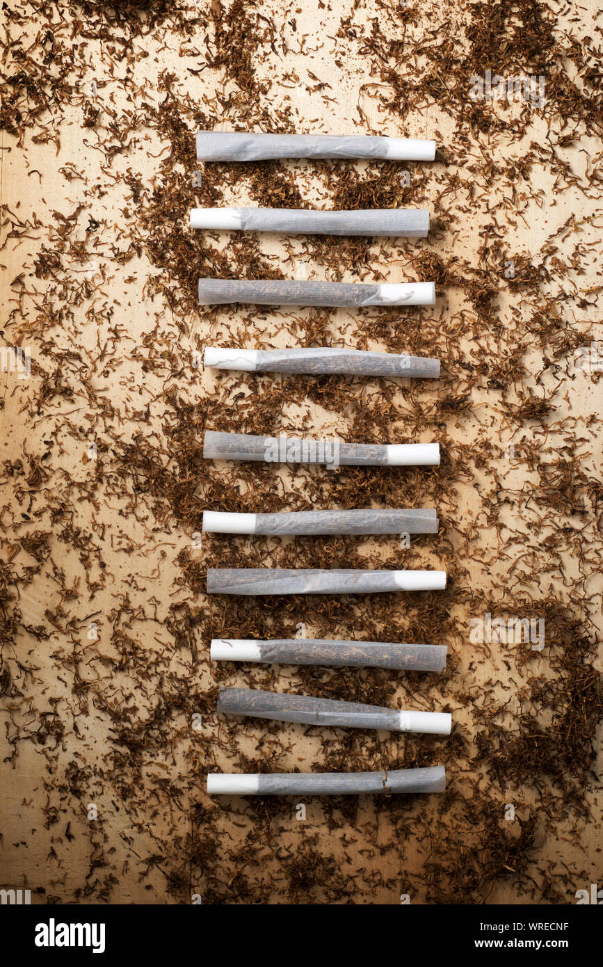 Hand rolling tobacco on a wood table Stock Photo - Alamy