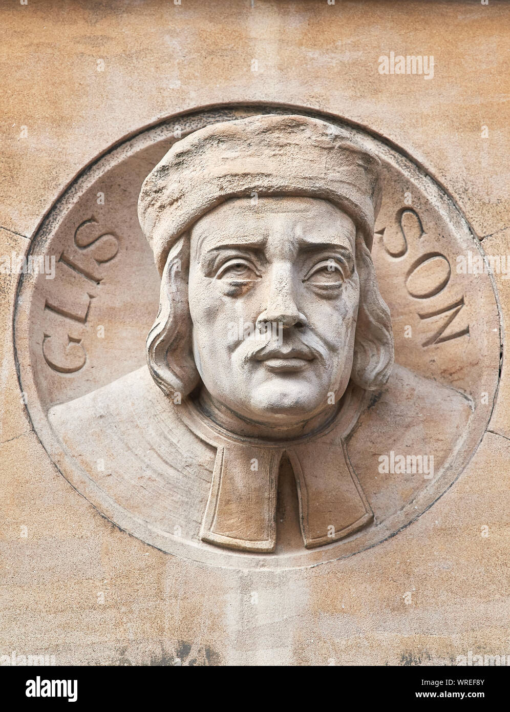 Bust of Glisson, a famous physician, on an outside wall of Gonville and ...
