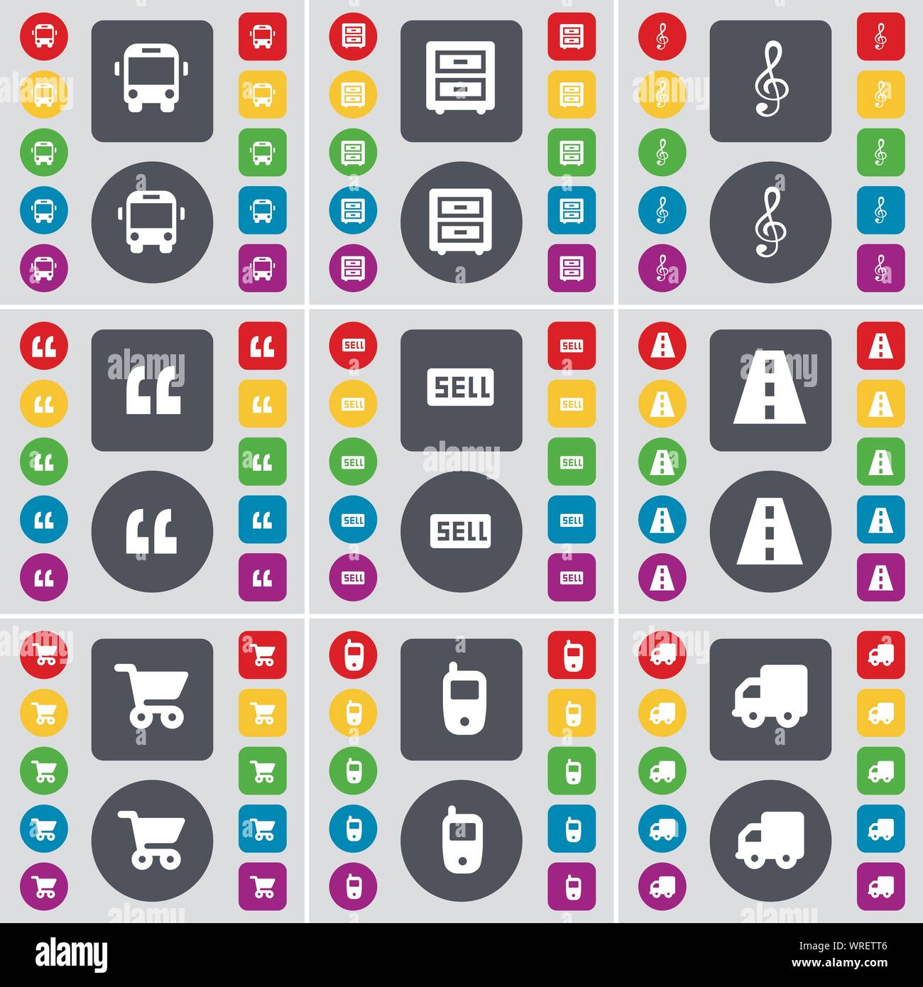 Bus, Bed-table, Clef, Question mark, Sell, Road, Shopping cart, Mobile ...