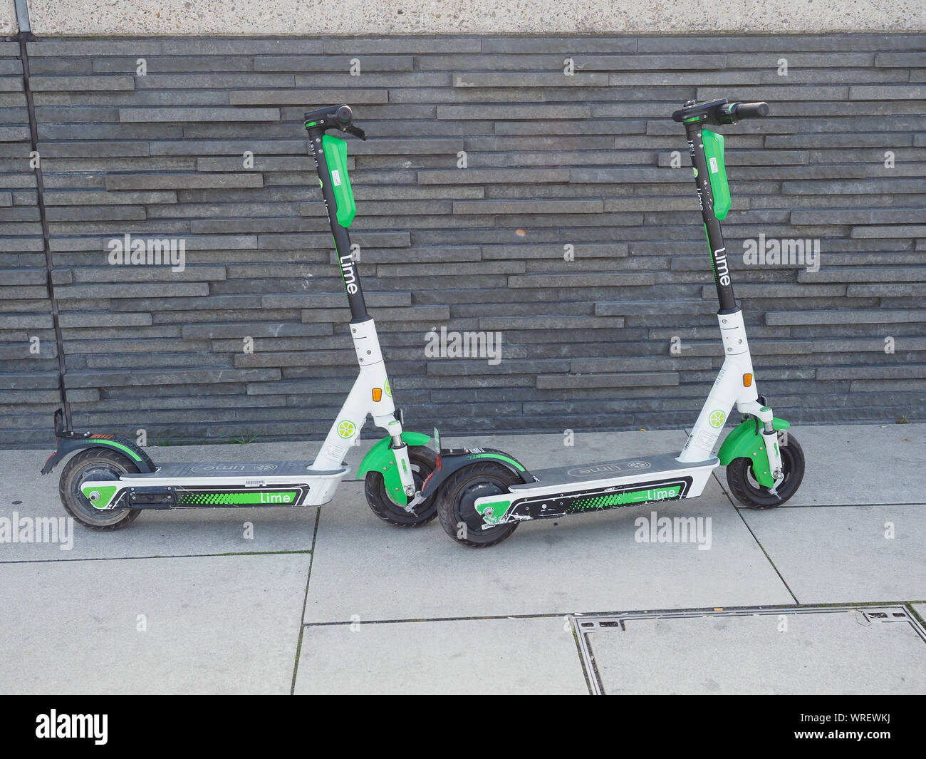 KOELN, GERMANY - CIRCA AUGUST 2019: Lime electric kick scooter personal ...