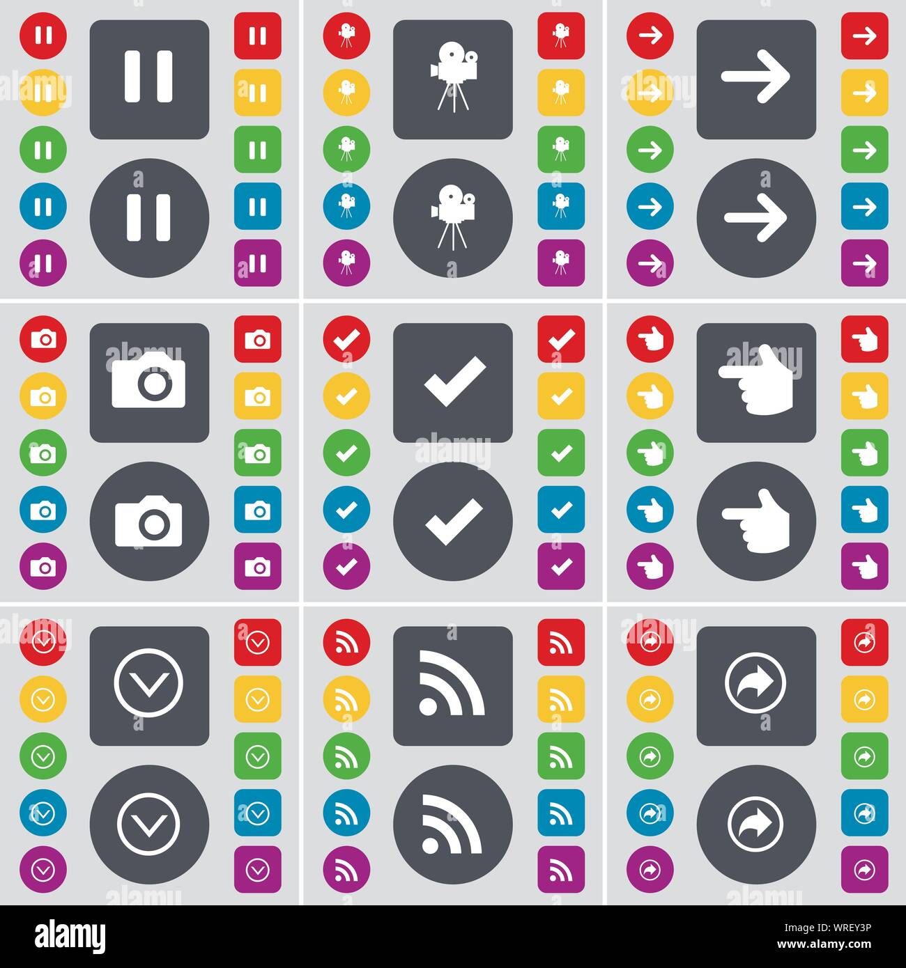 Pause, Film camera, Arrow right, Camera, Tick, Hand, Arrow down, RSS ...