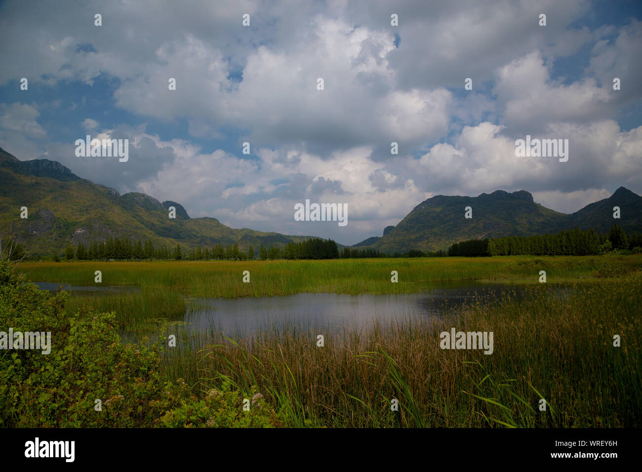 Beautiful outdoor panoramic landscape of mountains and big green lake ...