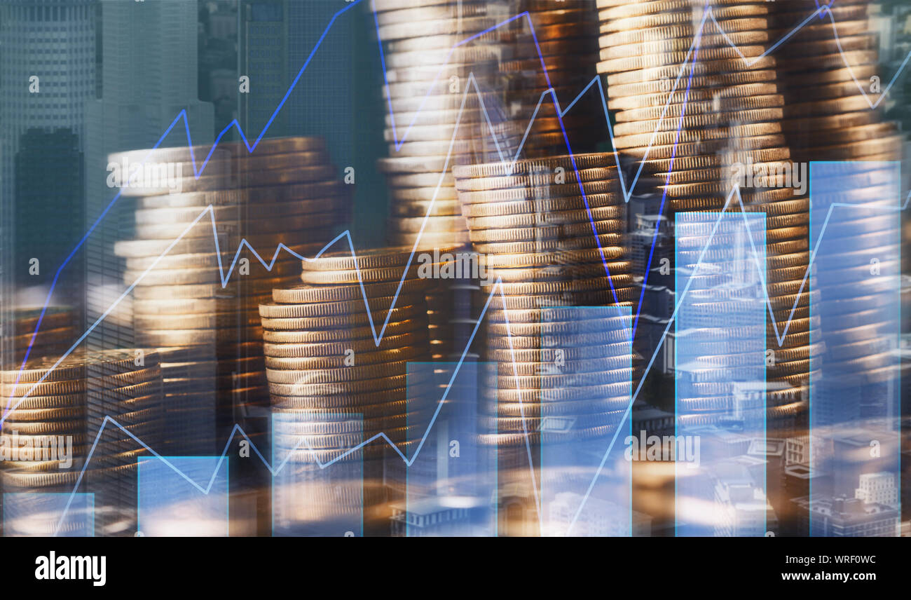 Double exposure of financial chart and stacks of coins Stock Photo - Alamy