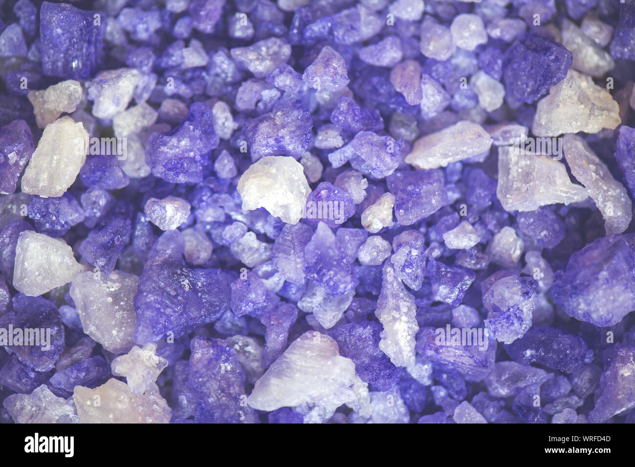 Violet crystals of natural sea salt with lavender close-up background ...