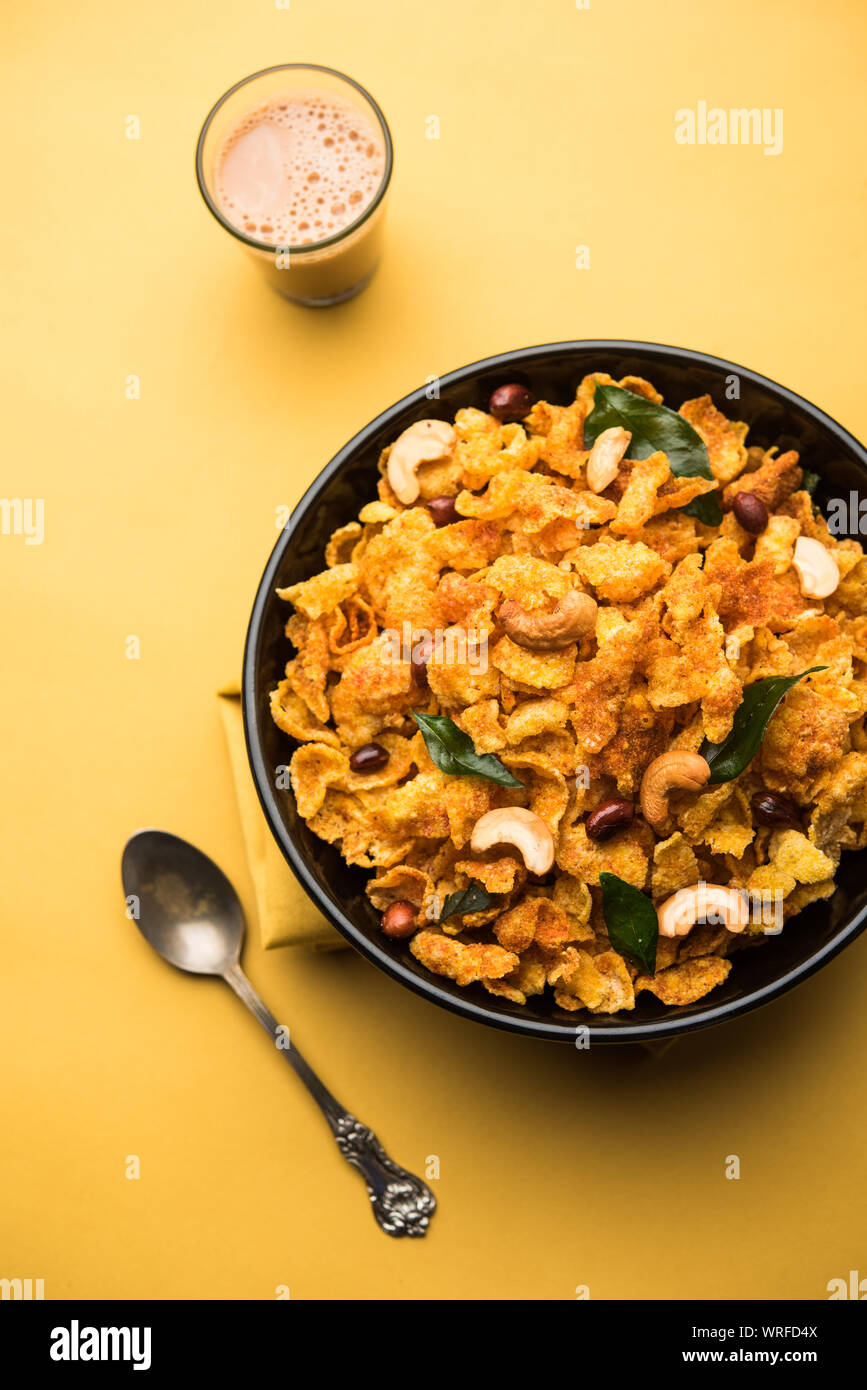 Cornflake Chivda or Corn Chiwda loaded with peanuts and Cashew. Served ...