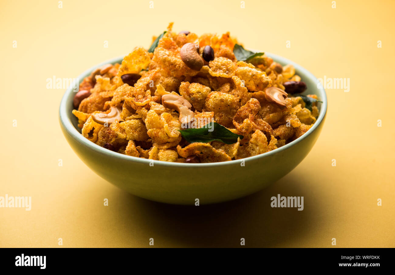 Cornflake Chivda or Corn Chiwda loaded with peanuts and Cashew. Served ...