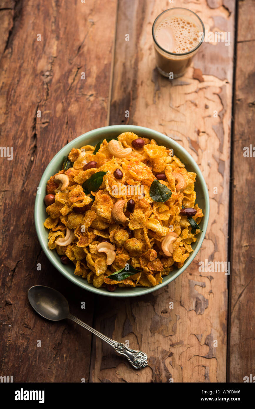 Cornflake Chivda or Corn Chiwda loaded with peanuts and Cashew. Served ...