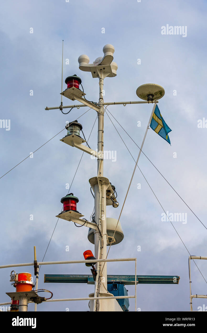 Radar and Antenna Mast at Ship Top Stock Photo - Alamy