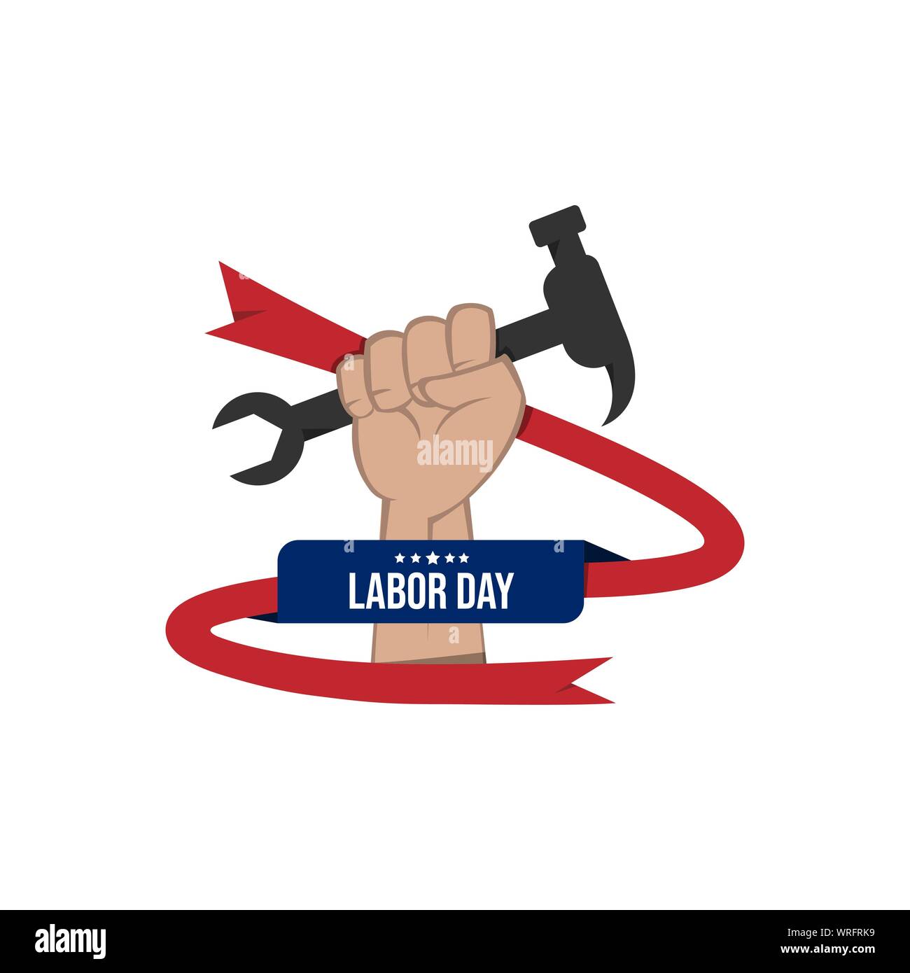 Happy labor day vector label with hand holding a tools isolated on ...