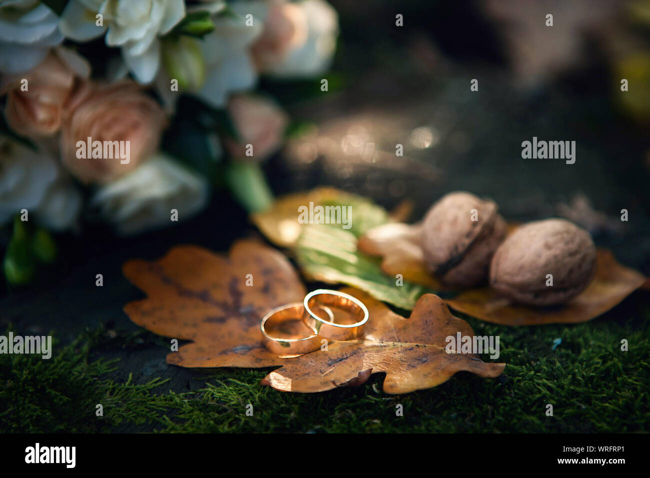 Wedding rings on an orange autumn oak leaf. Concept of autumn wedding ...