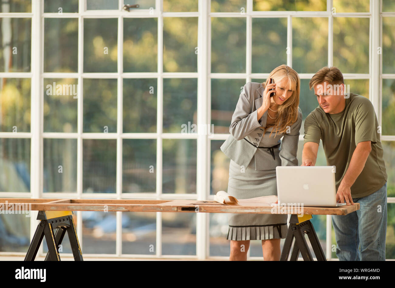 Businesswoman and contractor working together on a project Stock Photo ...