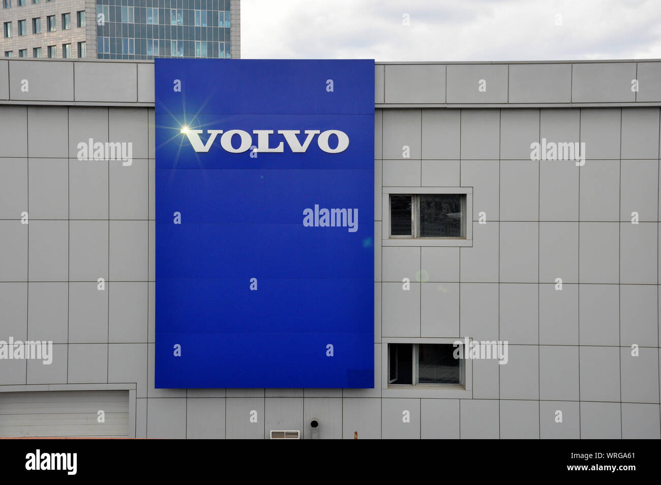 Moscow, Russia - July 30, 2019: Volvo dealership sign against blue sky ...